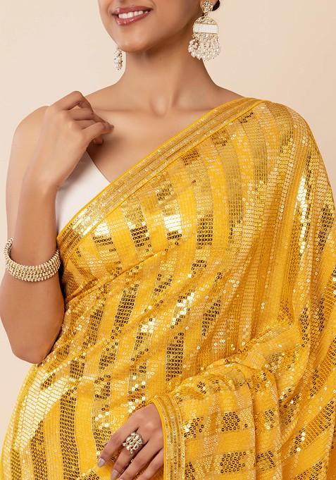 Buy Women Yellow Horizontal Sequin Embroidered Saree With Blouse ...