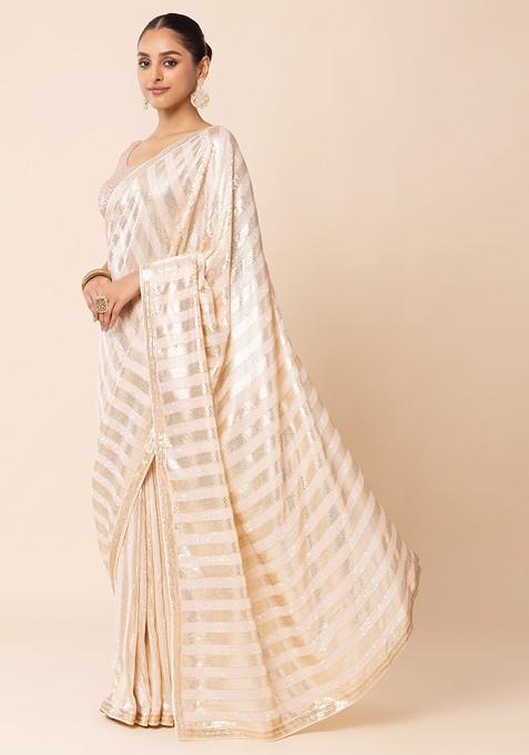 Buy Women White Horizontal Sequin Embroidered Saree With Blouse ...