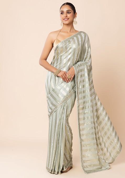 Buy Women Pastel Green Horizontal Sequin Embroidered Saree With Blouse ...