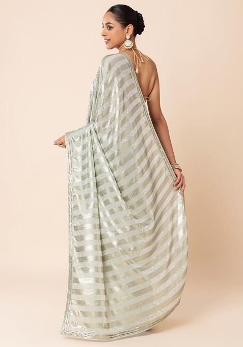 Buy Women Pastel Green Horizontal Sequin Embroidered Saree With Blouse ...