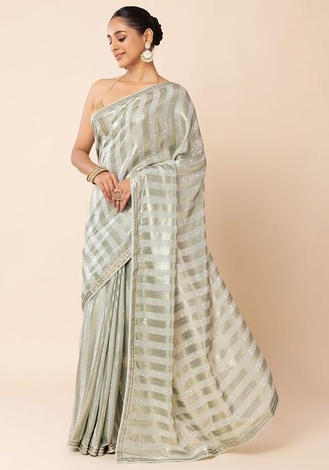 Buy Women Pastel Green Horizontal Sequin Embroidered Saree With Blouse ...