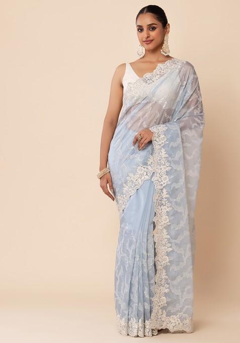 Buy Women Powder Blue Floral Thread Embroidered Border Organza Saree ...
