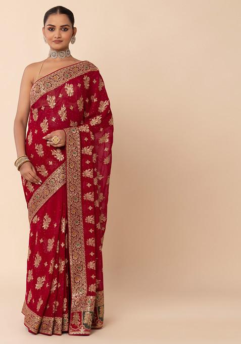 Buy Women Wine Floral Boota Zari Embroidered Saree With Blouse - Jewel ...