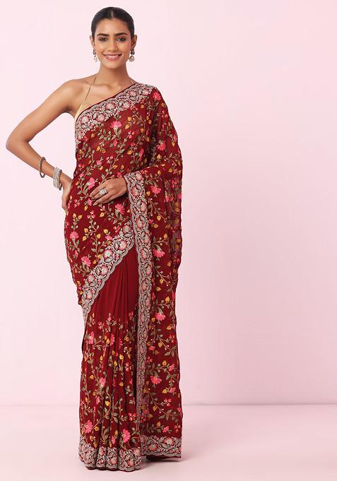 Buy Women Maroon Multicolour Floral Kashida Embroidered Saree With ...
