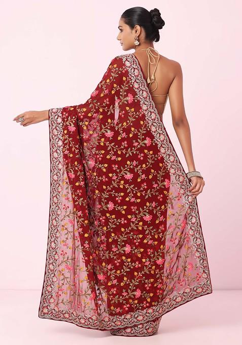 Buy Women Maroon Multicolour Floral Kashida Embroidered Saree With ...