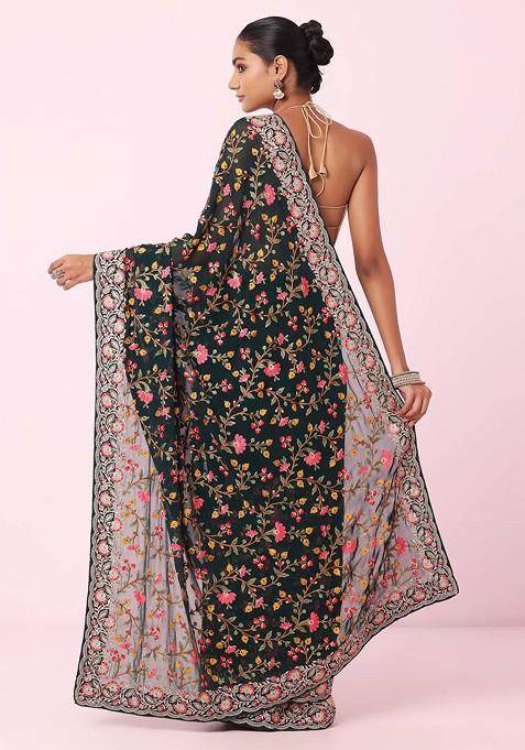Buy Women Deep Green Multicolour Floral Kashida Embroidered Saree With ...
