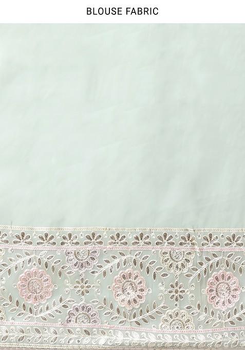 Buy Women Sage Green Tonal Thread And Zari Embroidered Saree With ...
