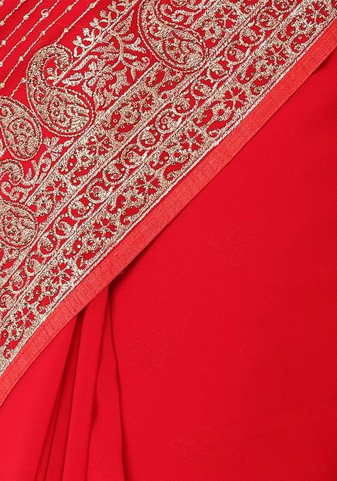Buy Women Red Paisley Boota Zari Embroidered Saree With Blouse ...