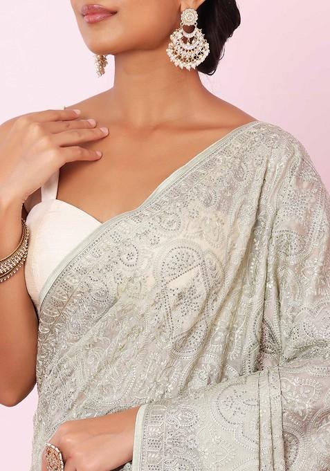 Buy Women Sage Green Tonal Floral Thread Embroidered Organza Saree With ...