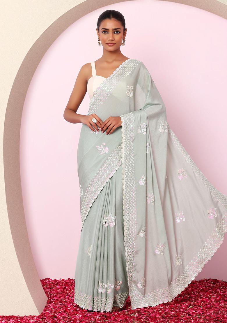 Buy Women Sage Green Hologram Sequin Boota Embroidered Saree With ...