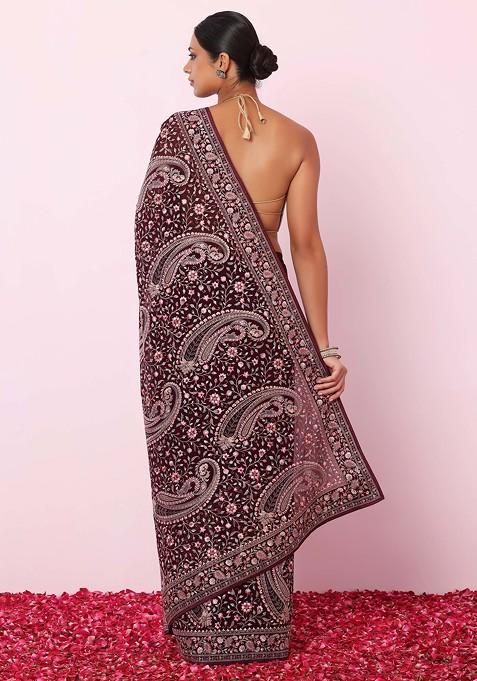 Buy Women Dark Purple Paisley Multicolour Kashida Embroidered Saree ...