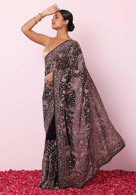 Buy Women Black Paisley Multicolour Kashida Embroidered Saree With ...