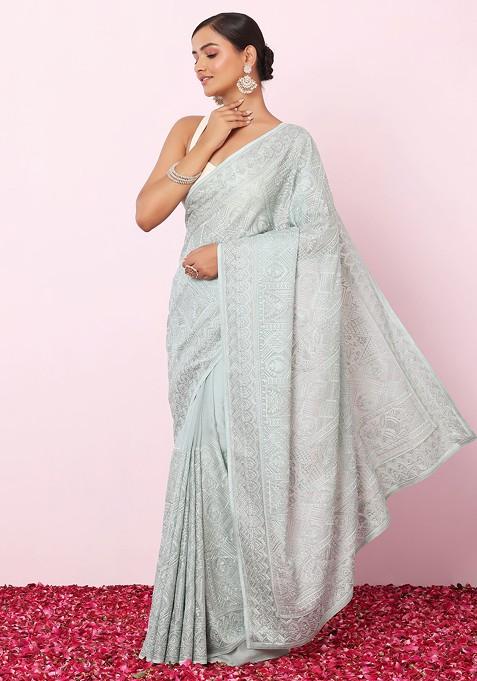 Buy Women Sage Green Geometric Thread And Swarovski Embroidered Saree ...