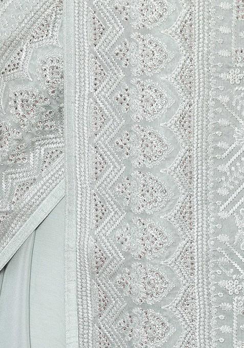 Buy Women Sage Green Geometric Thread And Swarovski Embroidered Saree ...