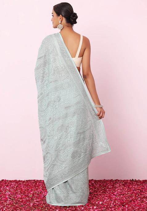 Buy Women Sage Green Tonal Paisley Thread Embroidered Saree With Blouse ...