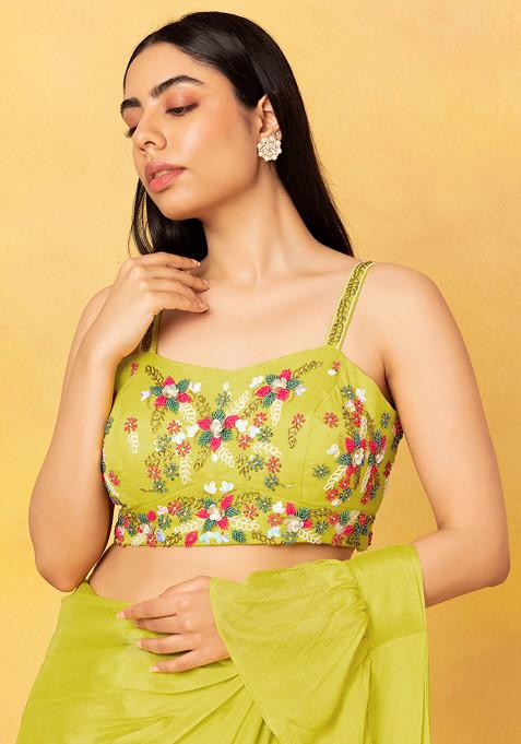 Buy Women Green Ruffled Pre-Stitched Saree Set With Floral Embroidered ...