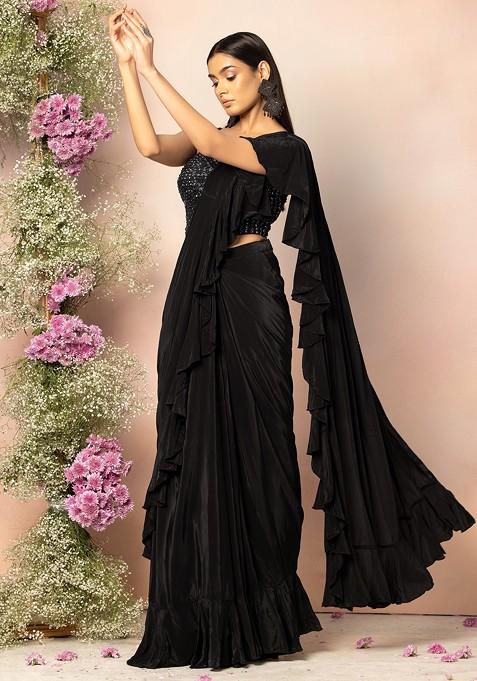 Buy Women Black Ruffled Satin Pre-Stitched Saree Set With Sequin ...