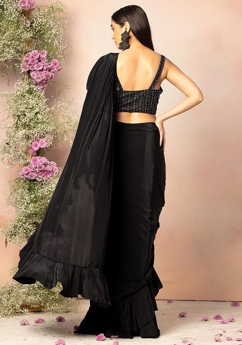 Buy Women Black Ruffled Satin Pre-Stitched Saree Set With Sequin ...