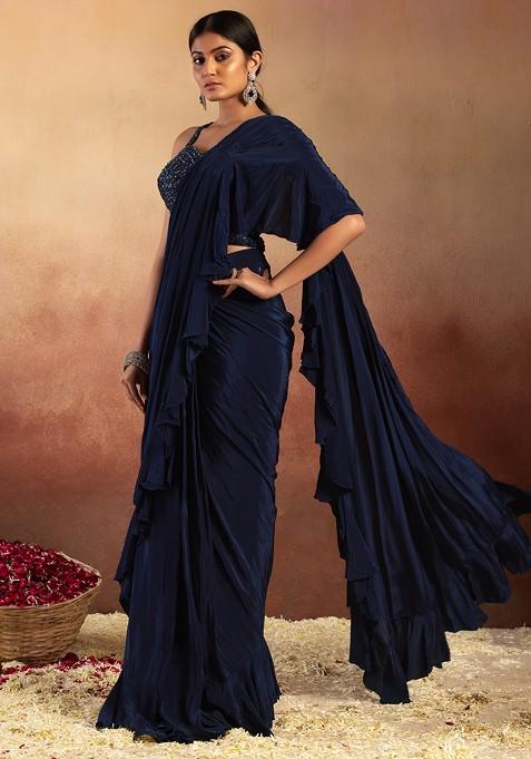 Buy Women Blue Ruffled Satin Pre-Stitched Saree Set With Sequin ...