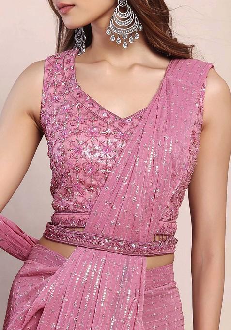 Buy Women Dull Pink Sequin Embroidered Pre-Stitched Saree Set With ...
