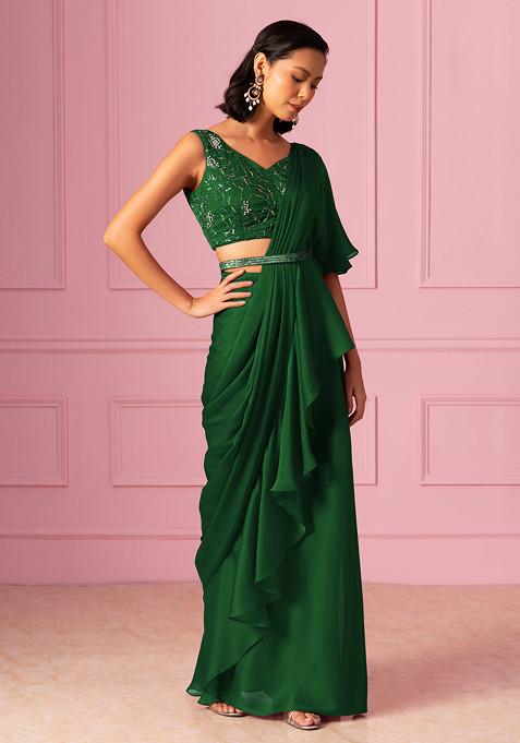 Buy Women Green Ruffled Pre-Stitched Saree Set With Hand Embroidered ...