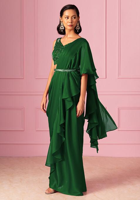 Buy Women Green Ruffled Pre-Stitched Saree Set With Hand Embroidered ...