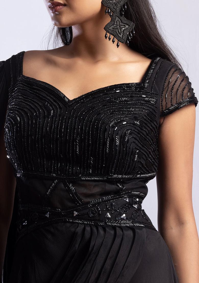 Buy Women Black Sequin Bead Hand Embellished Draped Gown - ILS01537 ...