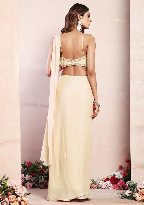 Buy Women Ivory Pre Stitched Saree Set With Sequin Pearl Hand