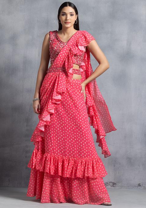 Buy Women Pink Bandhani Print Pre-Stitched Saree Set With Blouse And ...