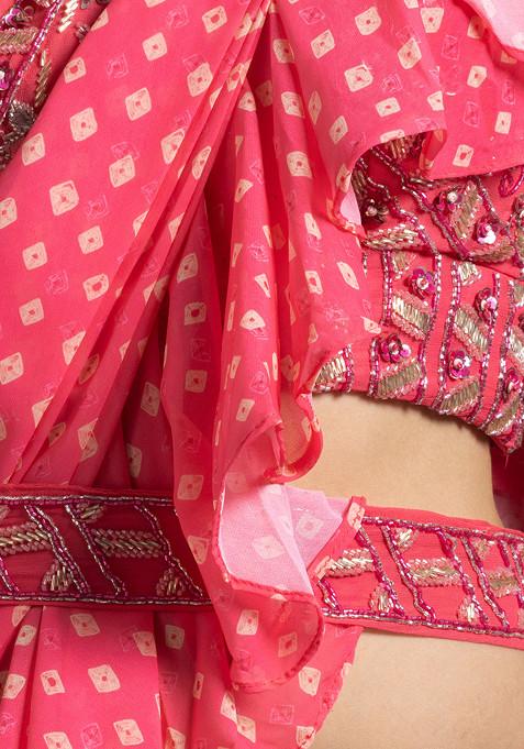 Buy Women Pink Bandhani Print Pre-Stitched Saree Set With Blouse And ...