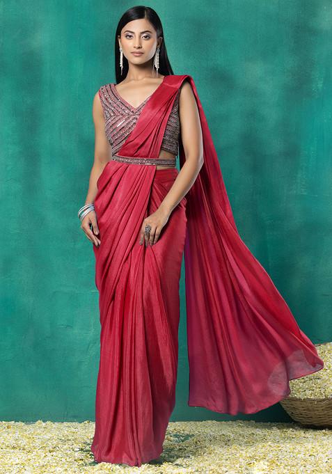 Buy Women Red Pre-Stitched Saree Set With Sequin Hand Work Blouse And ...