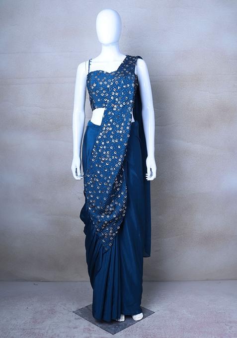 Buy Women Teal Pre-Stitched Saree Set With Sequin Embroidered Blouse - ILS02186 - Pre-draped ...