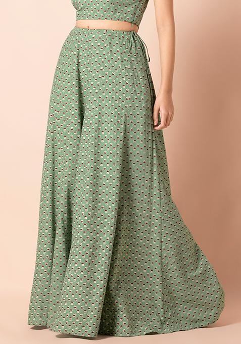 Buy Women Green Floral Flared Panelled Palazzo Pants With Pockets ...