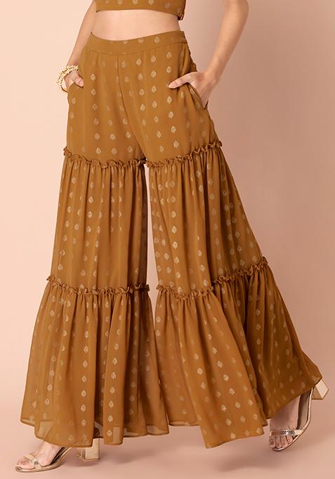 Buy Women Ochre Foil Tiered Sharara Pants - IPL00723 - RTW - Indya