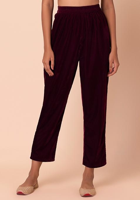Buy Women Deep Maroon Velvet Fitted Pants - IPL00782 - Velvet - Indya