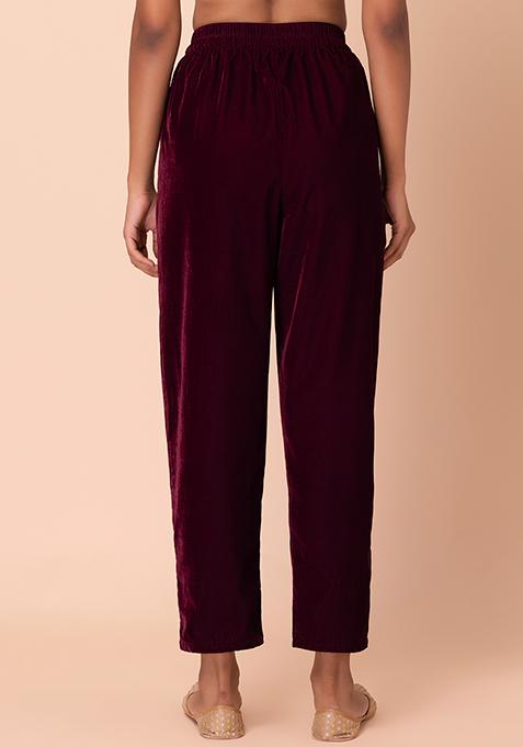 Buy Women Deep Maroon Velvet Fitted Pants - IPL00782 - Velvet - Indya