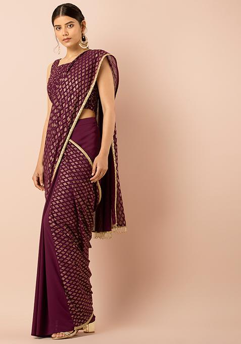 Buy Women Wine Embellished Pleated Pre-Stitched Saree (Without Blouse ...