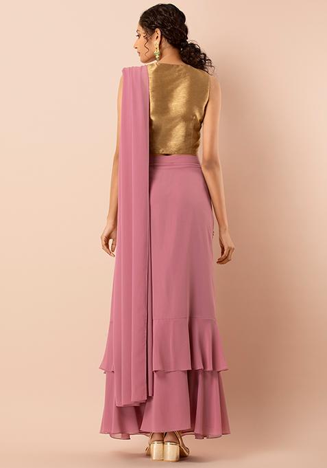 Buy Women Pink Solid Ruffled Pre-Stitched Saree (Without Blouse ...