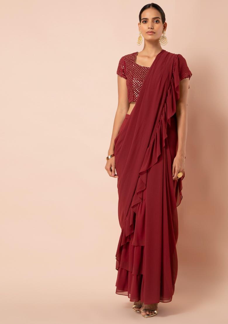 Buy Women Deep Rust Ruffled Pre-Stitched Saree (Without Blouse ...