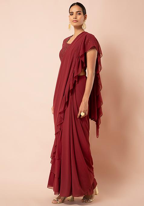 Buy Women Deep Rust Ruffled Pre-Stitched Saree (Without Blouse ...