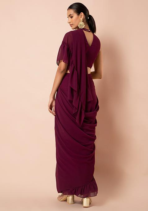 Buy Women Wine Ruffled Tiered Pre-Stitched Saree (Without Blouse ...