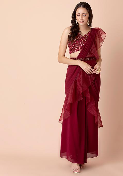 Buy Women Maroon Georgette Organza Ruffled Pre-Stitched Saree ...
