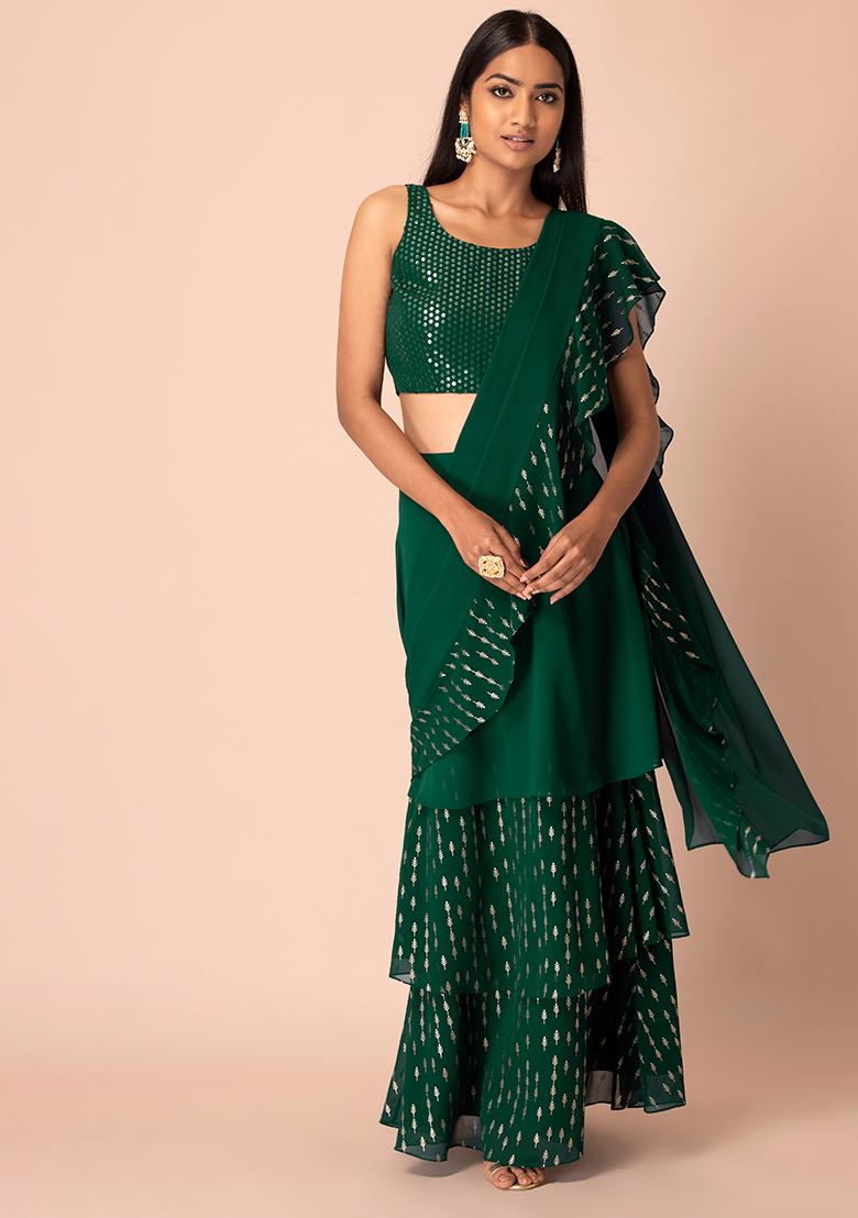 Buy Women Emerald Foil Layered Ruffled Pre-Stitched Saree (Without ...
