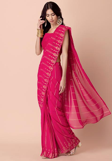 Buy Women Hot Pink Scallop Printed Pre-Stitched Saree (Without Blouse ...