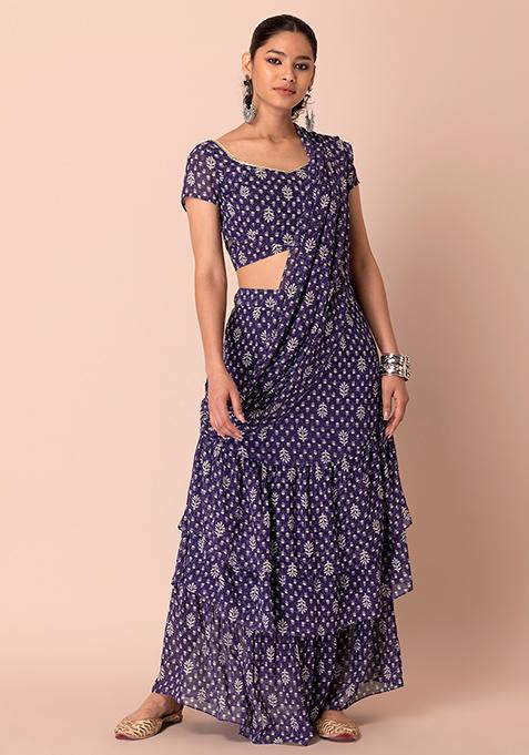 Buy Women Purple Floral Boota Print Layered Pre-Stitched Saree (Without ...