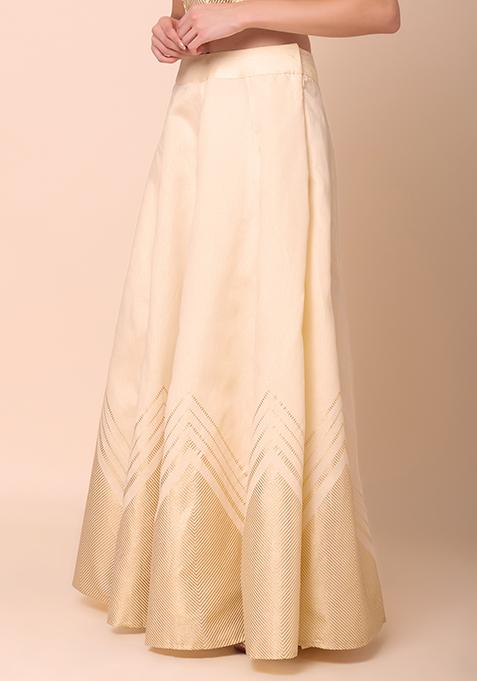Buy Women Ivory Chevron Foil Print Silk Lehenga Skirt - ISK00937 - Lehengas - Indya