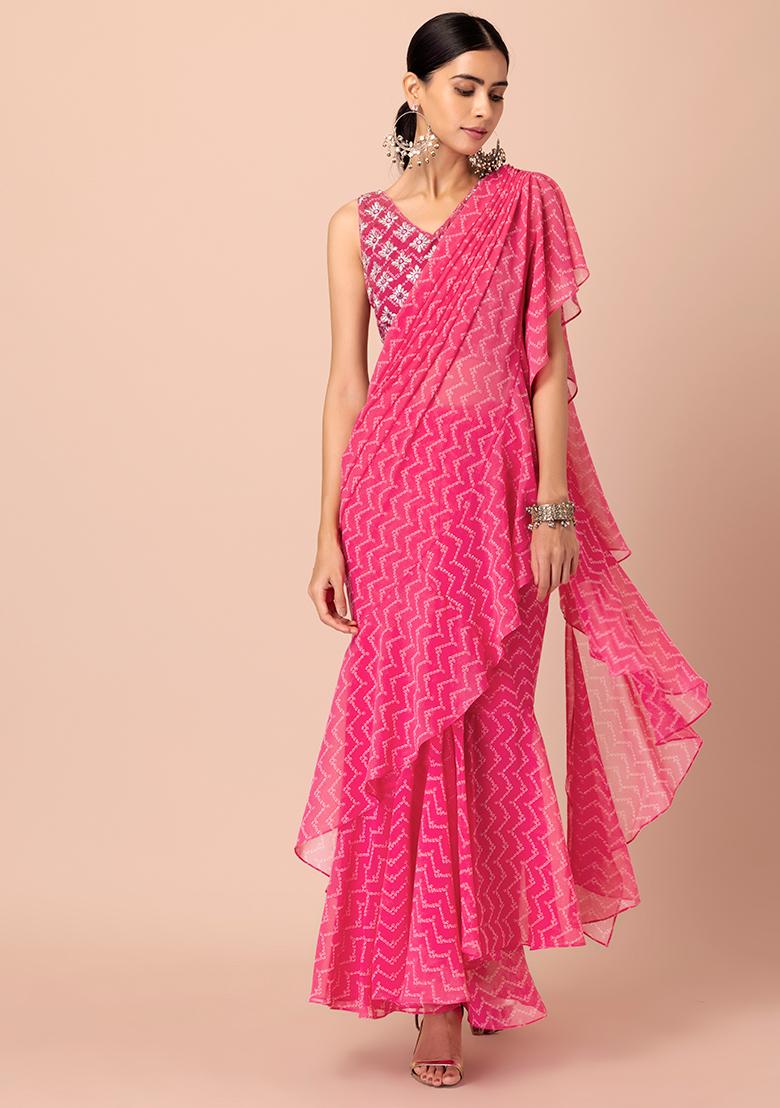 Buy Women Hot Pink Bandhani Print Ruffled Pre-Stitched Saree - RTW - Indya