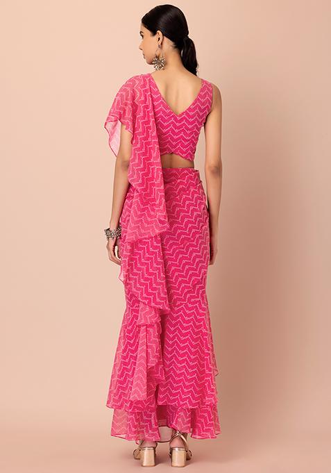 Buy Women Hot Pink Bandhani Print Ruffled Pre-Stitched Saree - ISS00009 ...