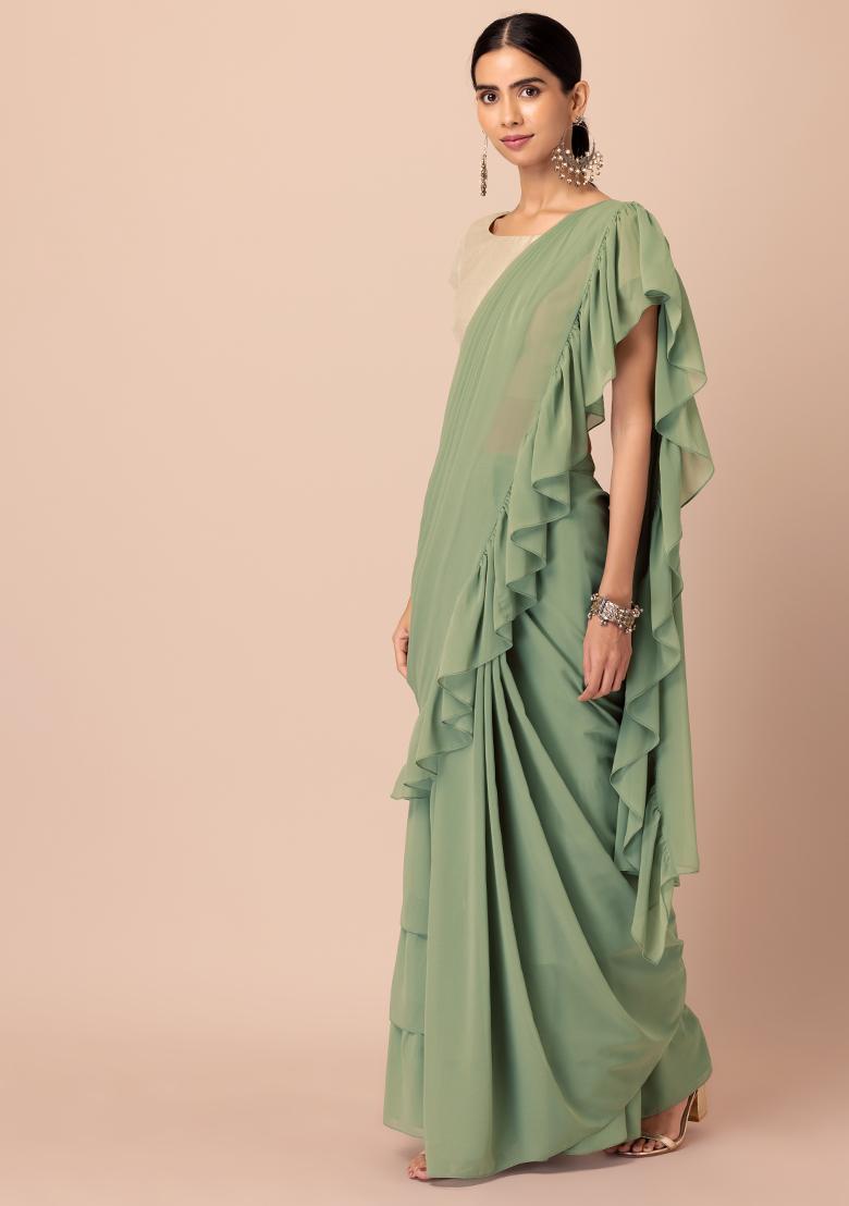 Buy Women Pastel Green Georgette Ruffled Pre-Stitched Saree (Without ...