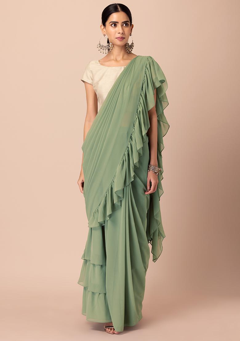 Buy Women Pastel Green Georgette Ruffled Pre-Stitched Saree (Without ...